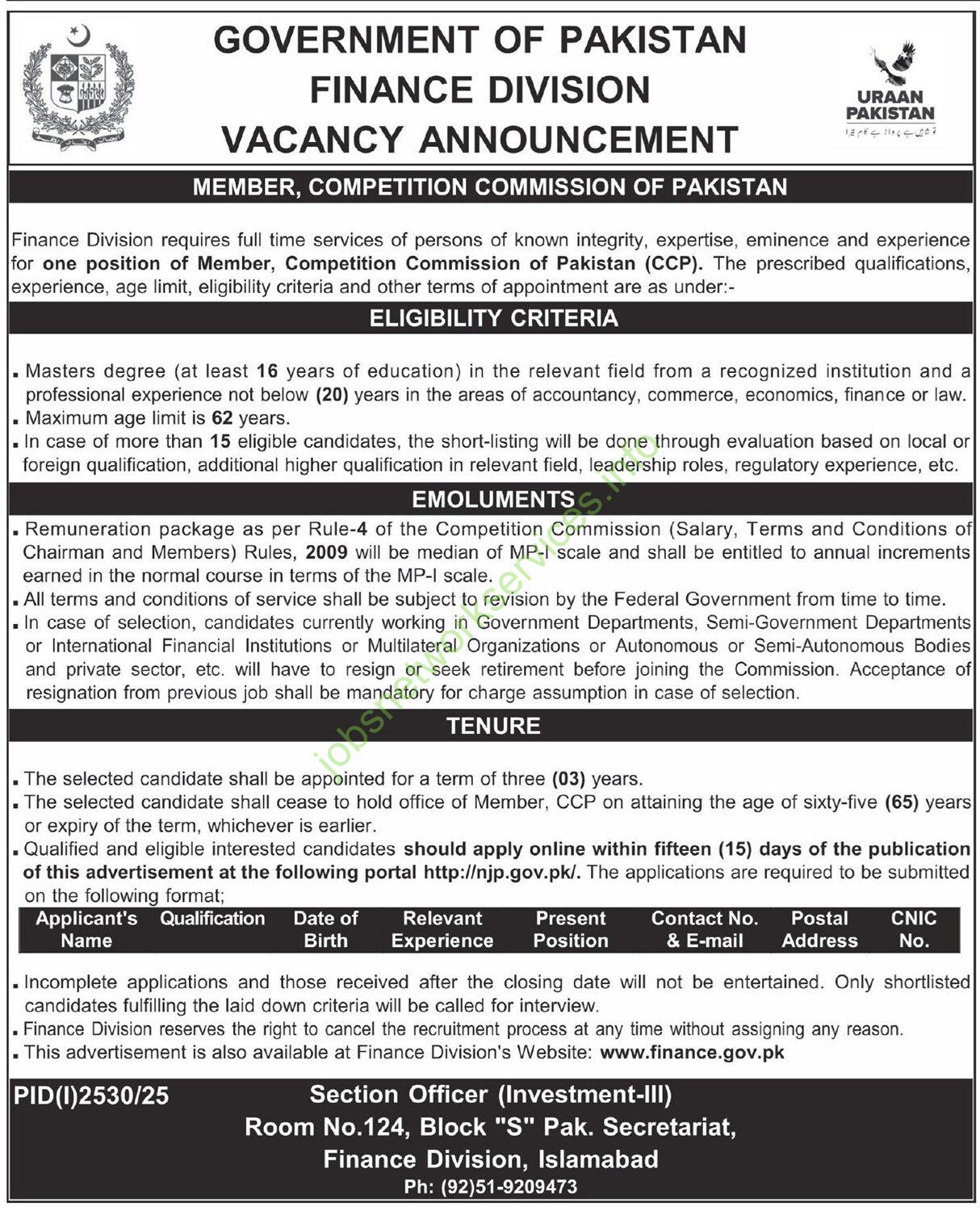 Government of Pakistan Finance Division Islamabad Jobs 2025 ...