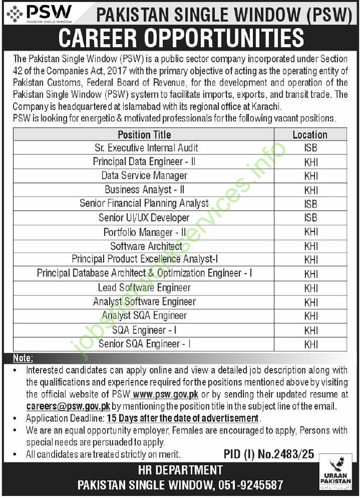 Pakistan Single Window PSW Jobs 2025 Apply Online | Jobsnetworkservices ...